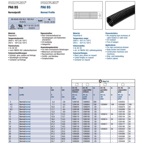 Schlemmer 1206130 Wellrohr PA6 BS (Brandschutz) Normalprofil NW13 ung