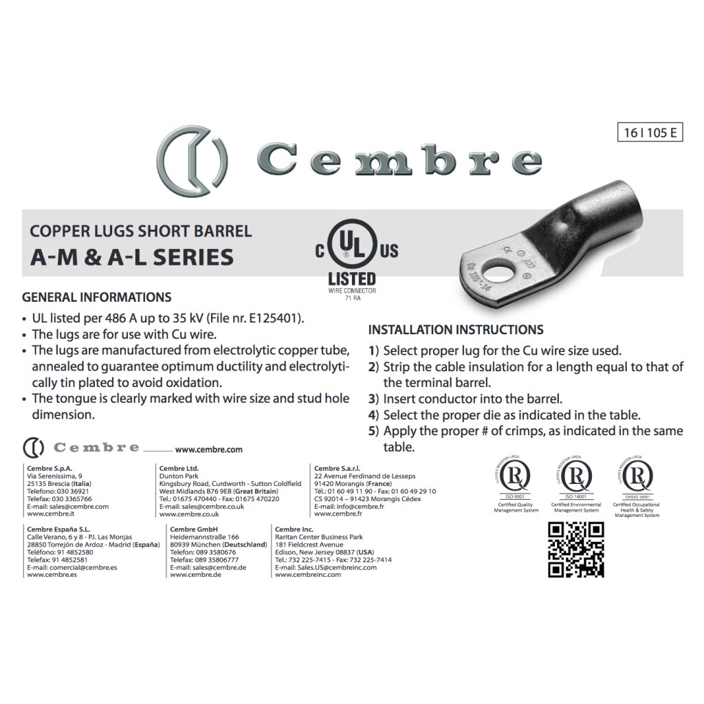Cembre A19-L12 tube cable lug 90° angled 95mm² M12