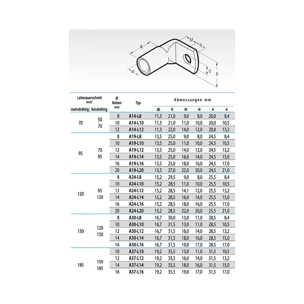 Cembre A19-L12 tube cable lug 90° angled 95mm² M12
